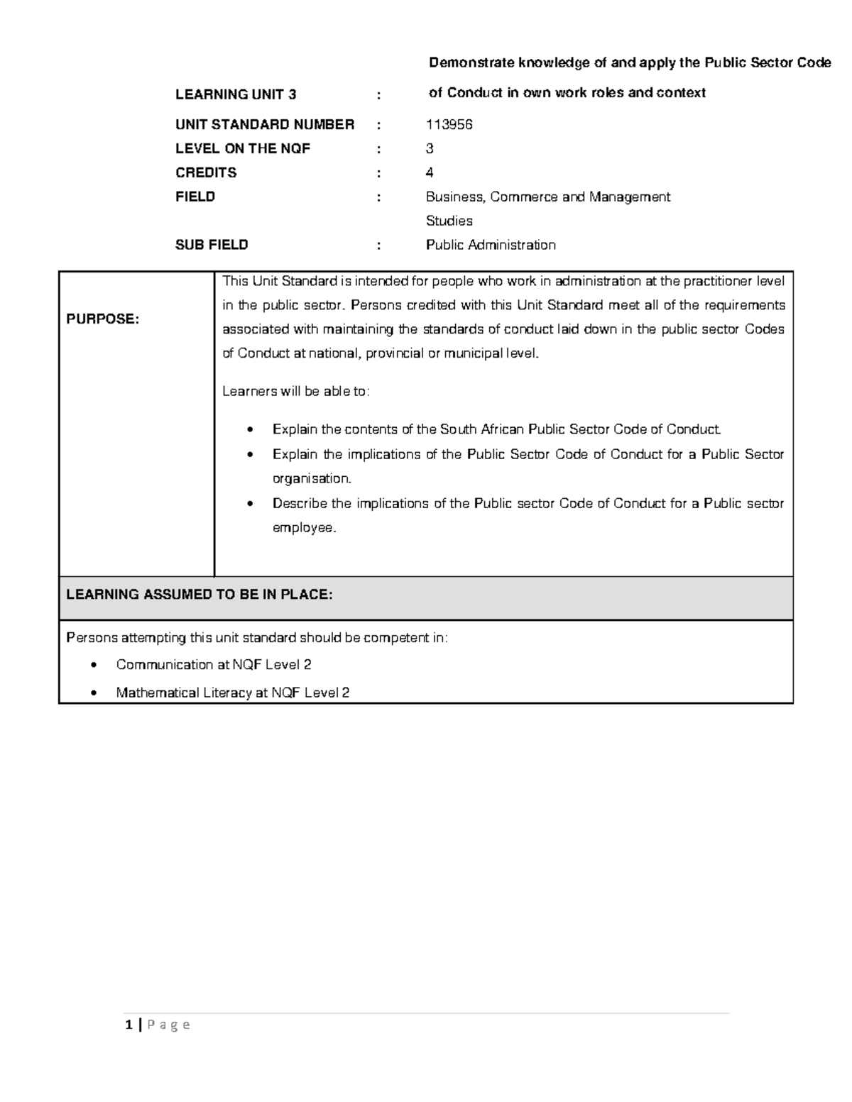 Understanding and Applying Public Sector Code: Unit Std 113956 - Studocu