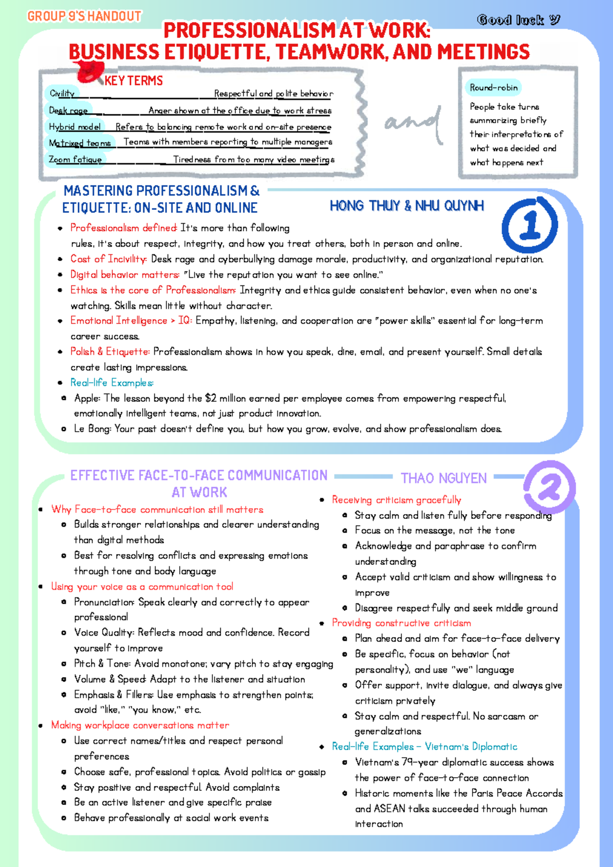 GROUP 9 HANDOUT: PROFESSIONALISM AT WORK - KEY TERMS & COMMUNICATION ...