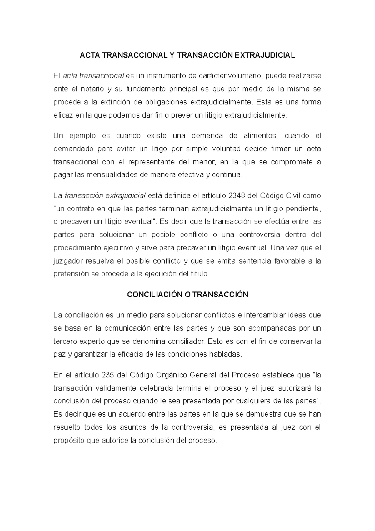 Acta Transaccional y Conciliación Extrajudicial: Fundamentos y ...