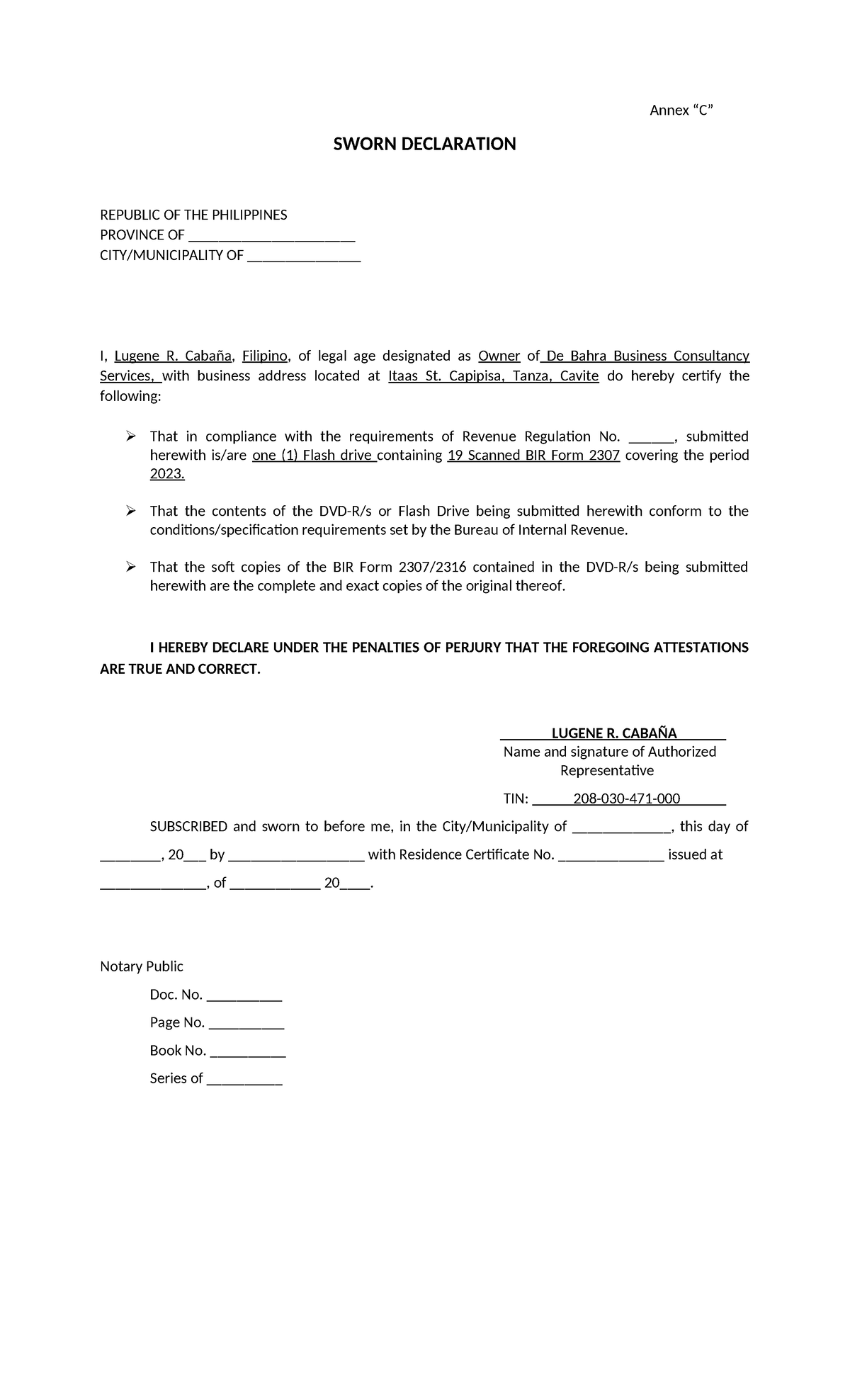Sworn Declaration for Business Compliance (Forms 2307/2316) - Studocu
