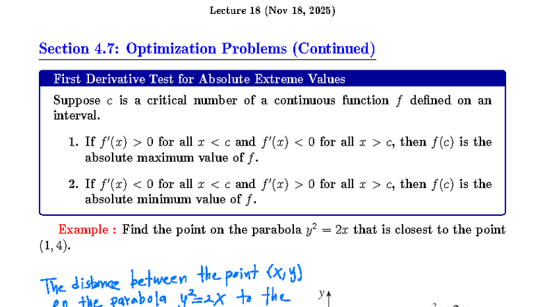 Lecture 18 MATH1013D filled - Section 4: Optimization Problems ...