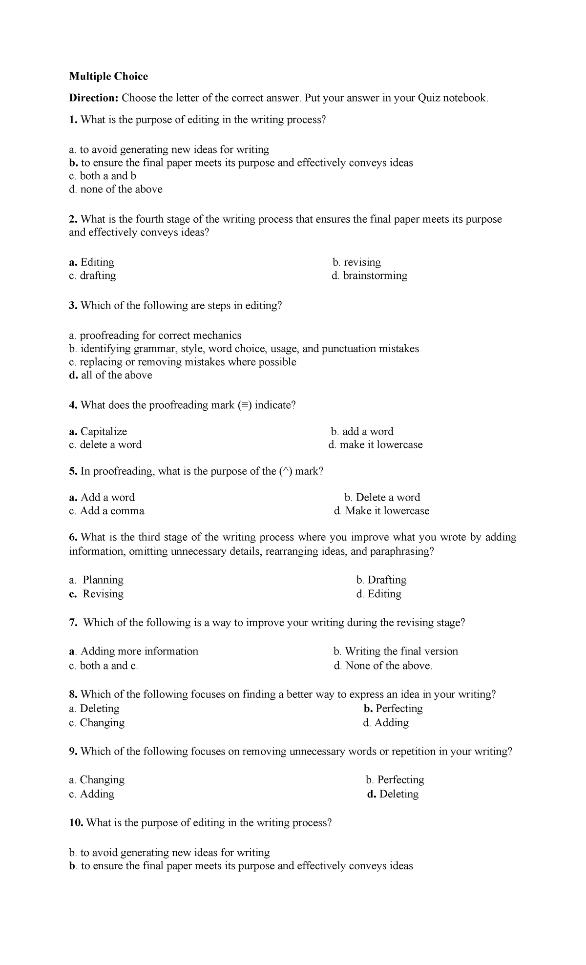 yes quiz for the quiz - Multiple Choice Direction: Choose the letter of ...