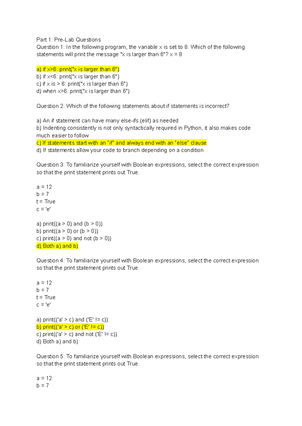 Lab 2: Boolean Expressions & If Statements Questions (CS101) - Studocu