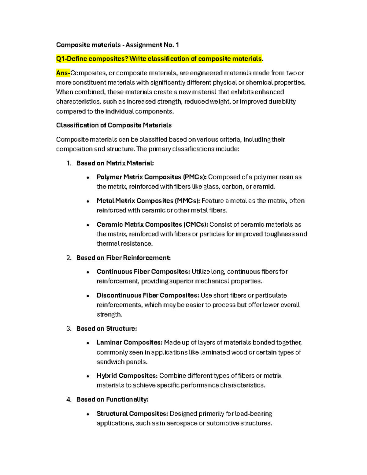 Composite materials - Assignment No. 1-2-3 - 1 Q1-Define composites ...