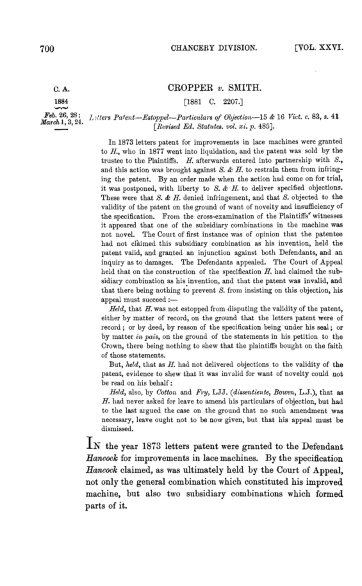 C. A. 1884 Chancery Division: Cropper v. Smith Case Analysis - Studocu
