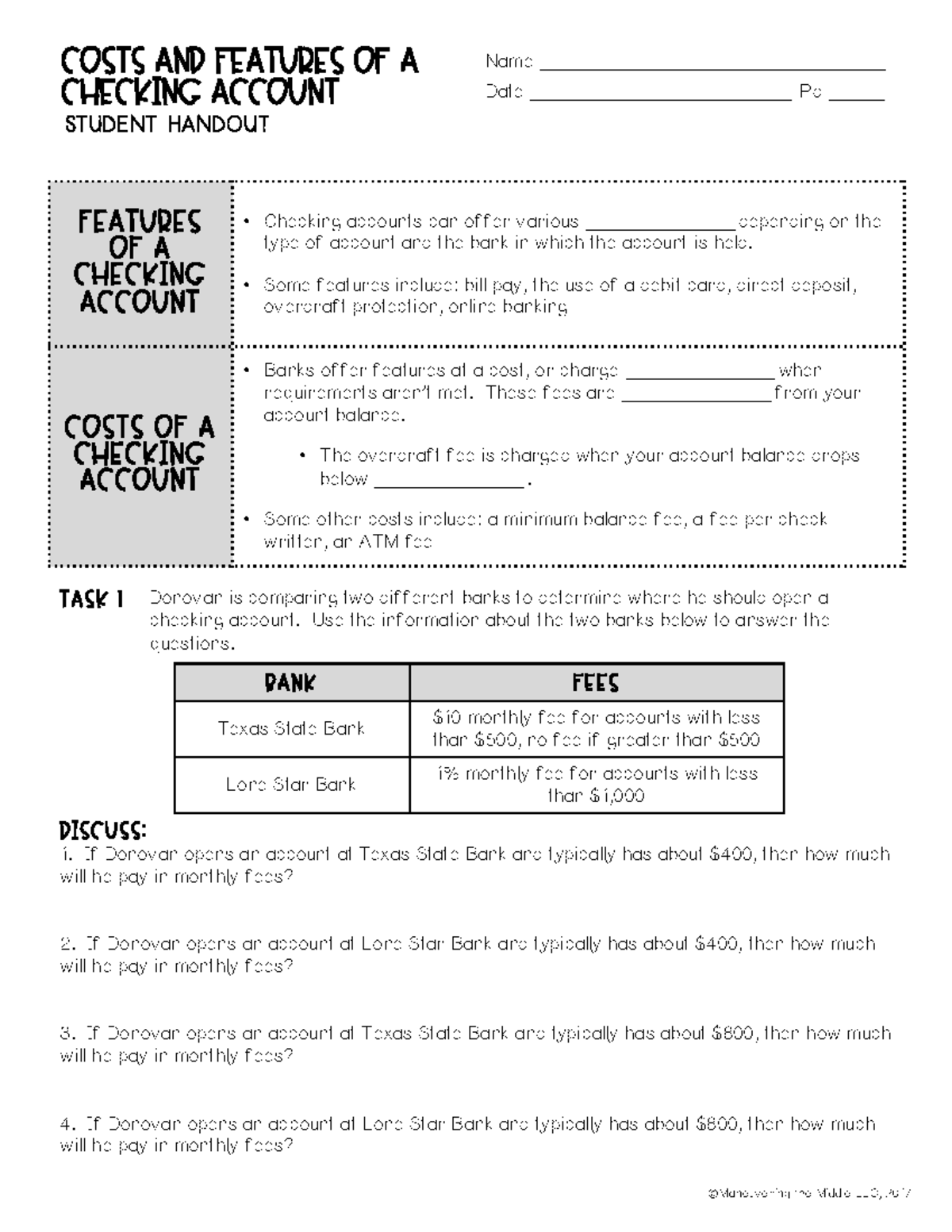 Costs and Features of a Checking Account - Student Handout - Studocu