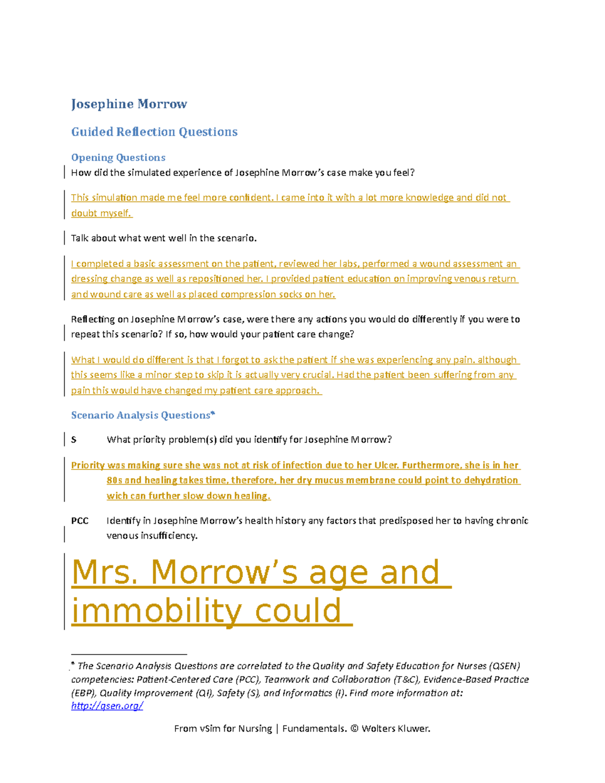 VSIM Case Study: Josephine Morrow Reflection & Analysis - Studocu