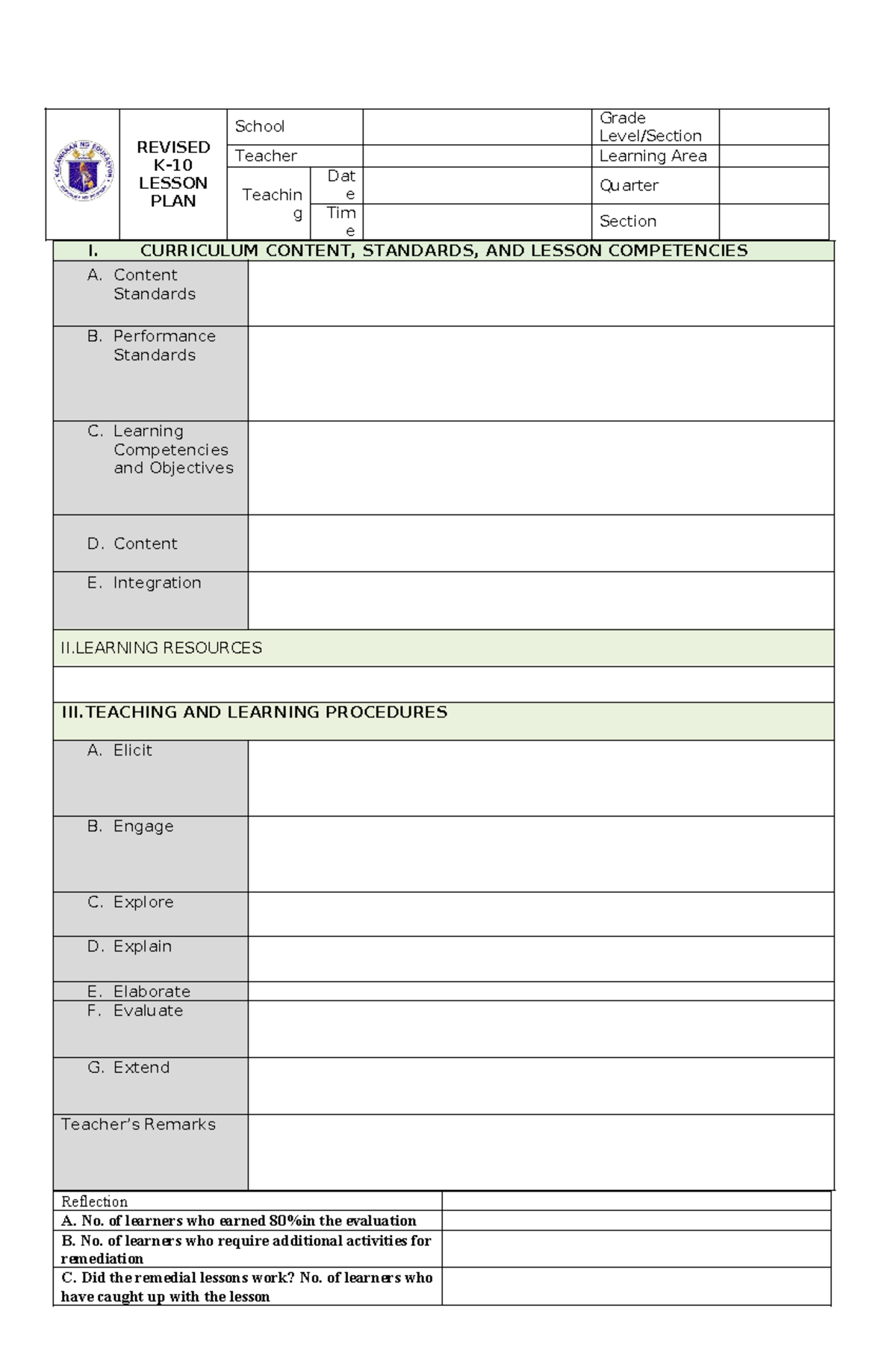 Revised Lesson Plan for Grade 8 Science (K-10 Curriculum) - Studocu