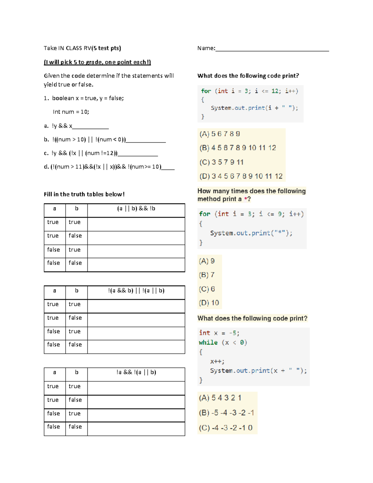 Java Programming Logic and Truth Tables Worksheet (In-Class RV) - Studocu