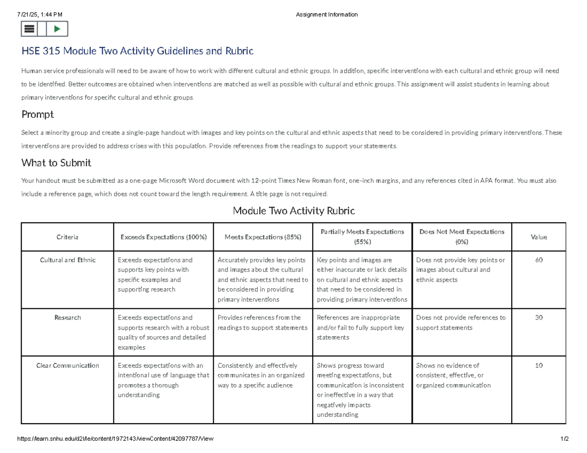 HSE 315 Module Two Activity: Cultural & Ethnic Interventions Guidelines ...