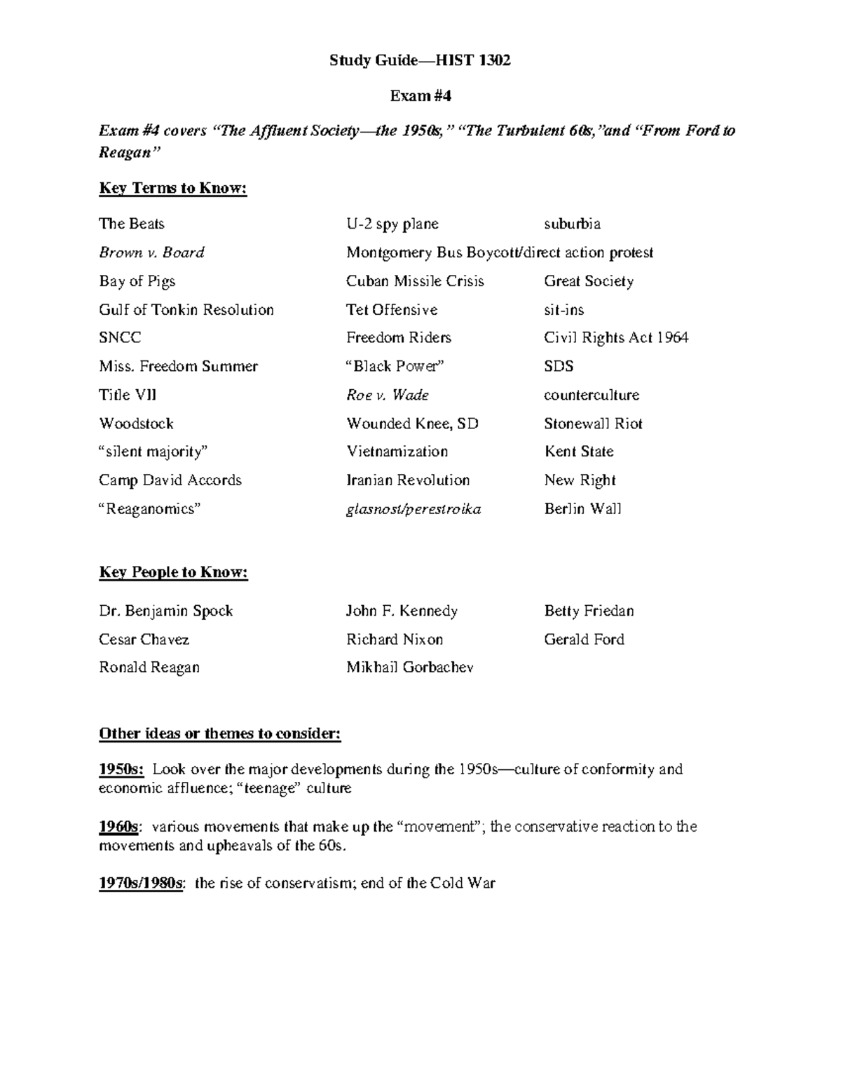 Study Guide for HIST 1302: Exam #4 on 1950s-1980s U.S. History - Studocu