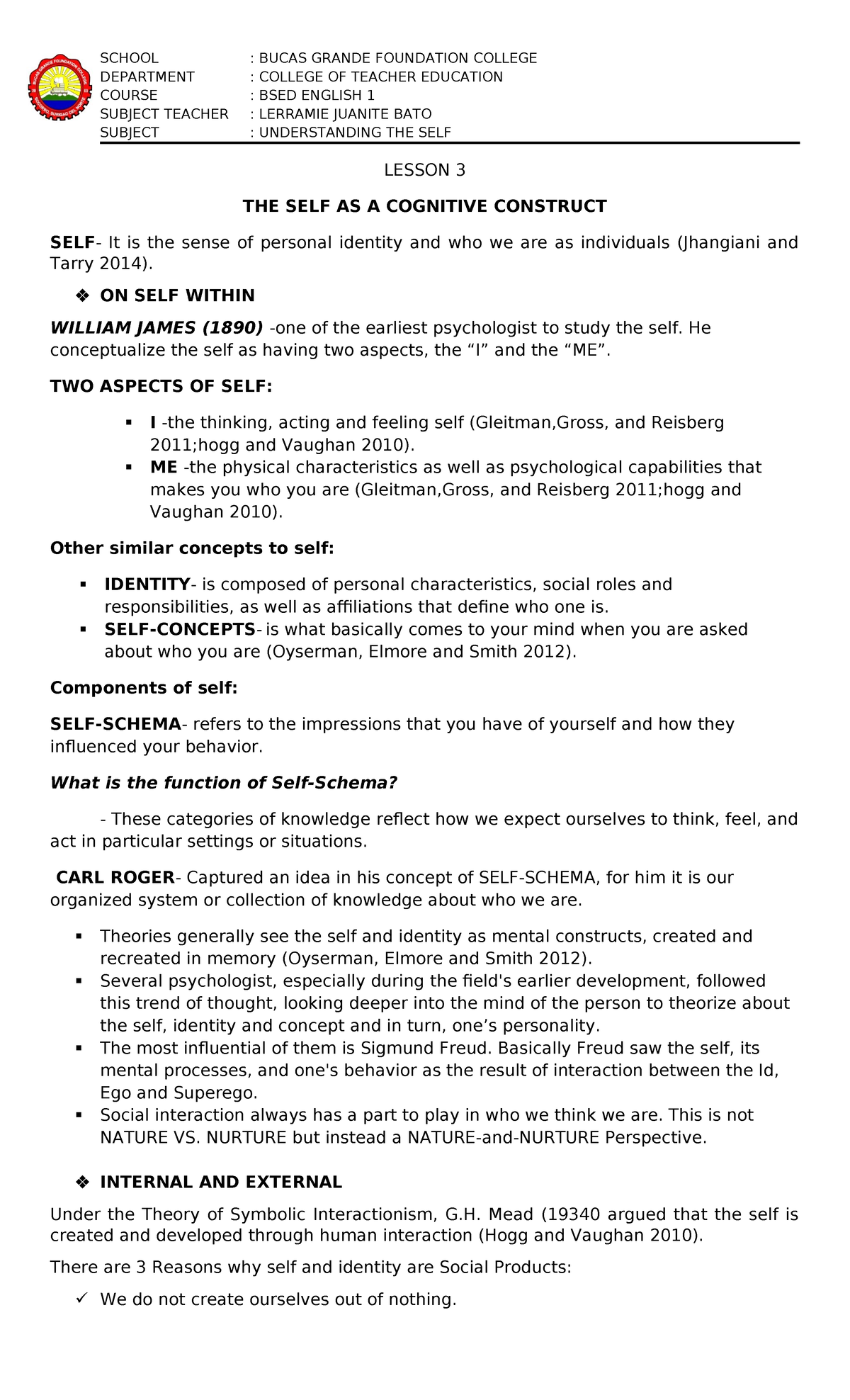 Lesson 3- The self as Cognitive Construct - SCHOOL : BUCAS GRANDE ...