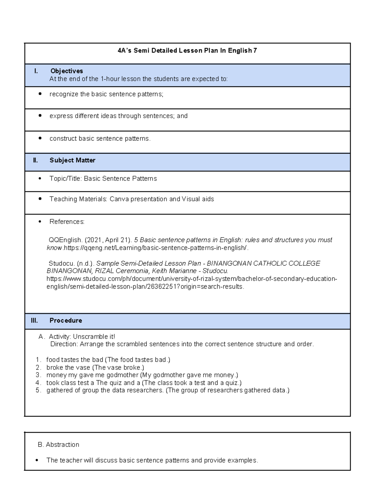 4A'S Semi-Detailed Lesson Plan: Exploring Basic Sentence Patterns in ...