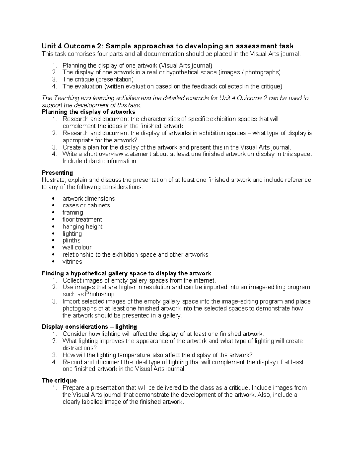 Unit 4 Outcome 2: Developing an Assessment Task in Visual Arts - Studocu