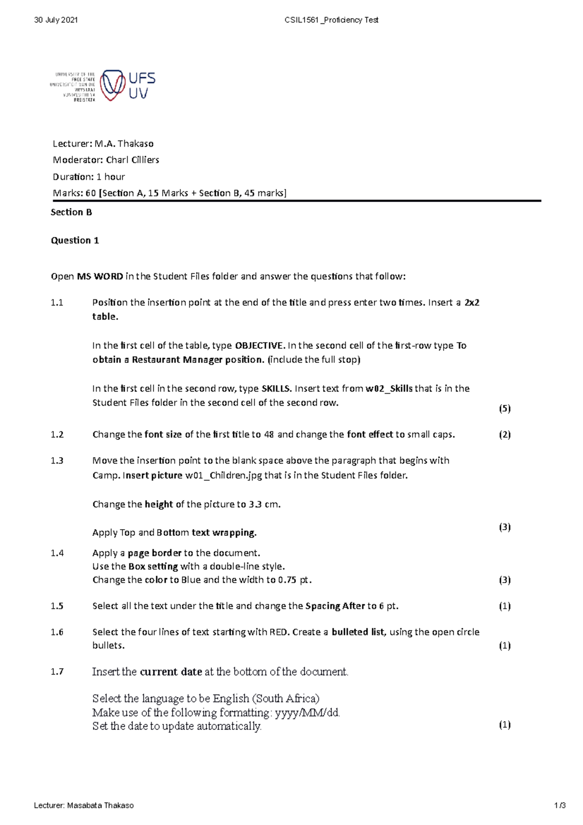 CSIL1561 Proficiency Test: MS Word & Excel Questions - July 2021 - Studocu