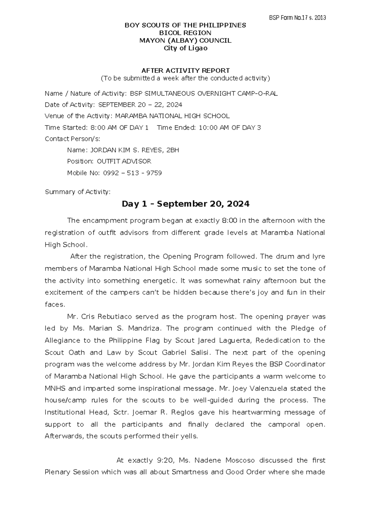 BSP After Activity Report: Simultaneous Overnight Camp-O-Ral 2024 - Studocu