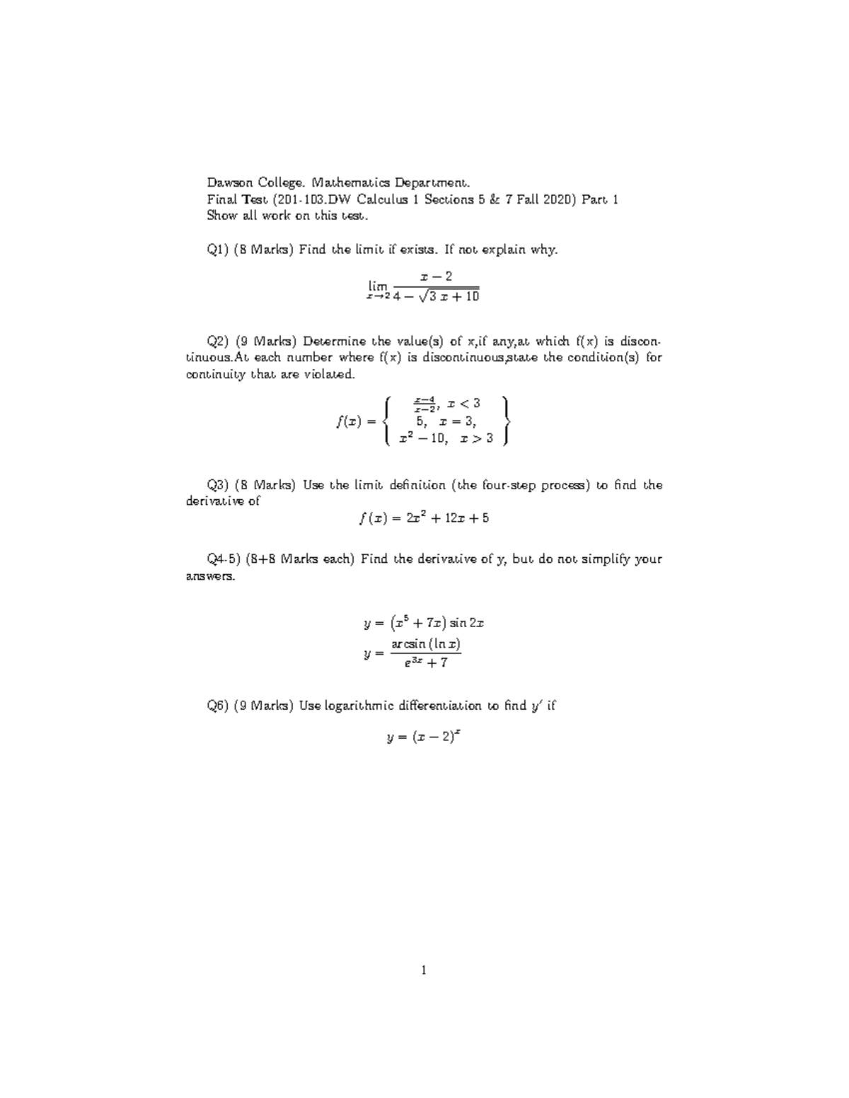 Calculus 1 (201-103.DW) Final Exam Part 1 - Fall 2020 Solutions - Studocu