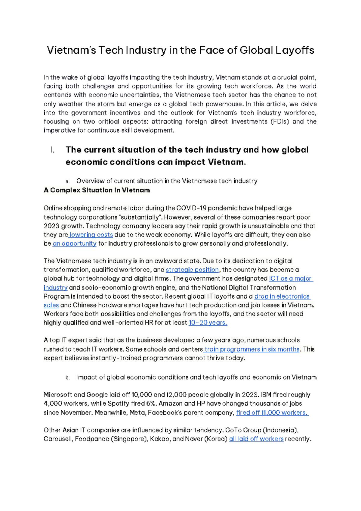 SOA Article: Vietnam's Tech Sector Strategies Amid Global Layoffs - Studocu