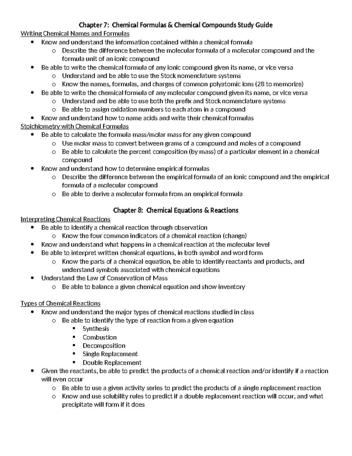 Chapter 7 & 8 Study Guide: Chemical Formulas & Reactions - Studocu
