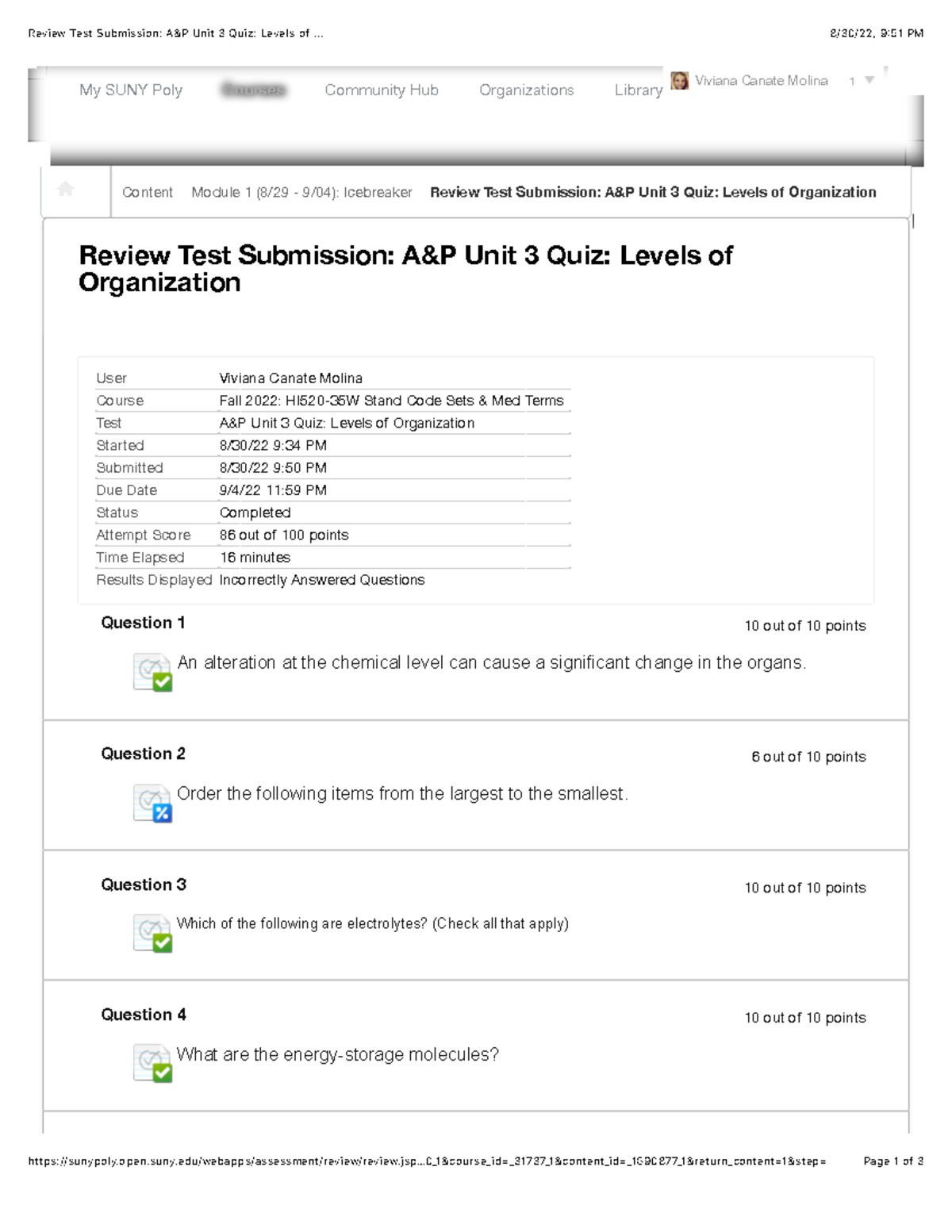 A&P HI52035W Unit 3 Quiz: Levels of Organization Review - Studocu