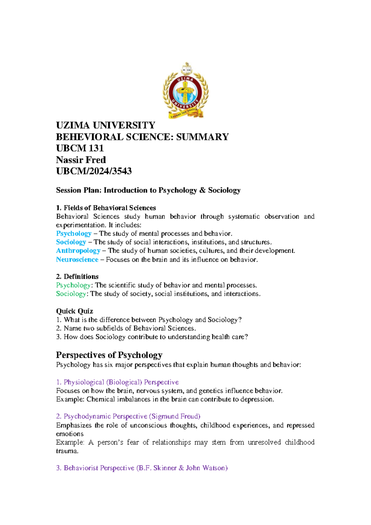 UZIMA UNIVERSITY BEHAVIORAL SCIENCE: UBCM 131 Full Notes on Psychology ...