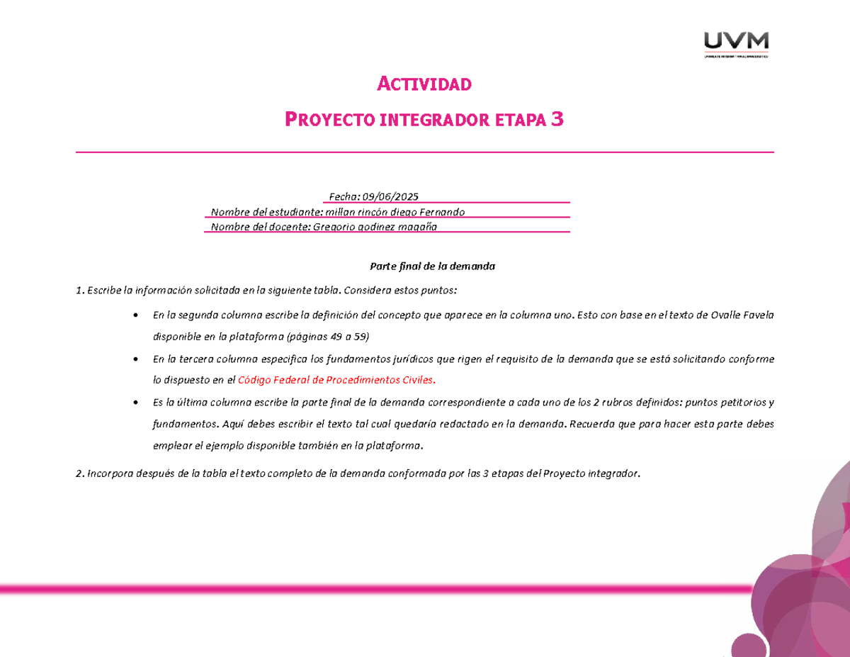 Proyecto Integrador de Derecho Procesal Civil - Etapa 3 - Studocu