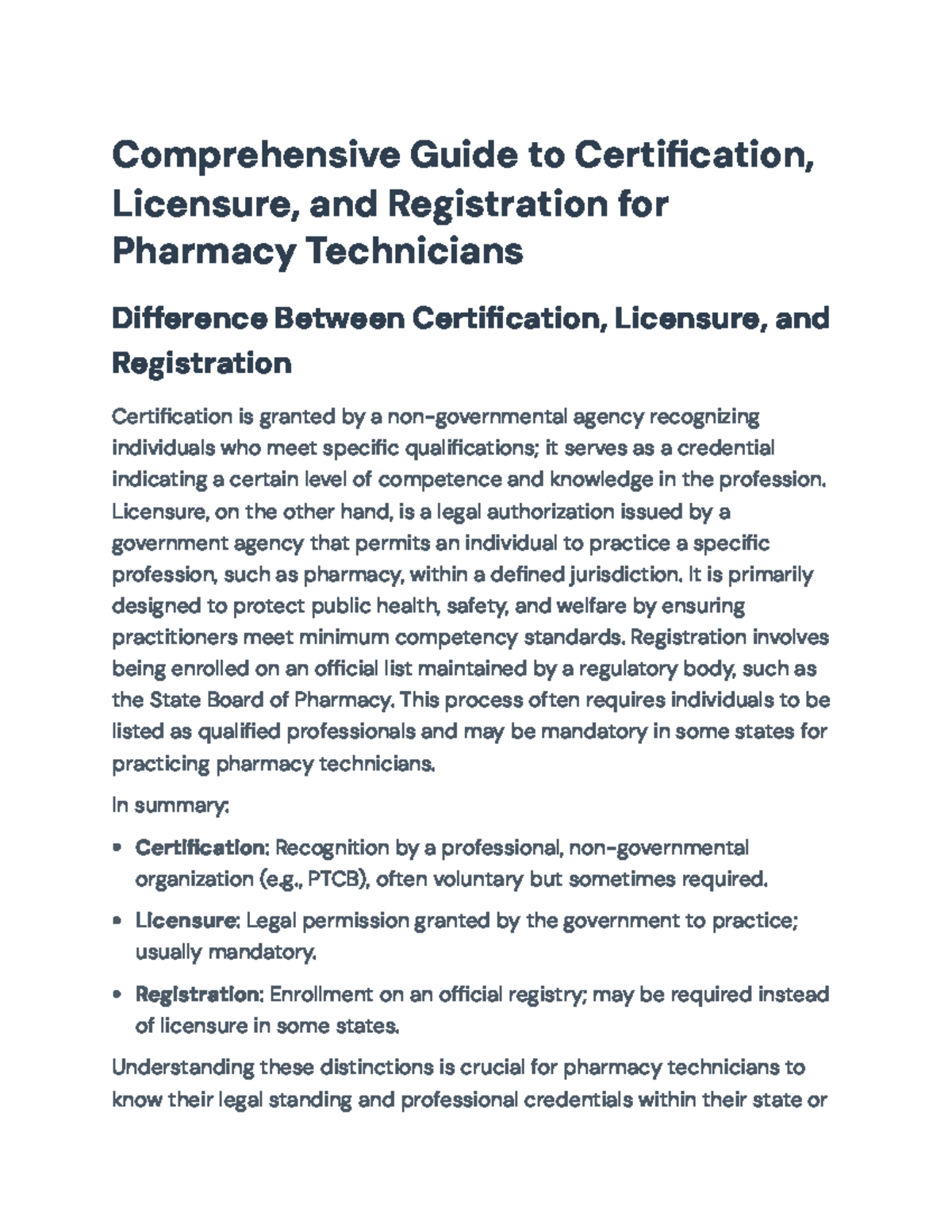Comprehensive Guide to Pharmacy Technician Cert. & Licensure - Studocu