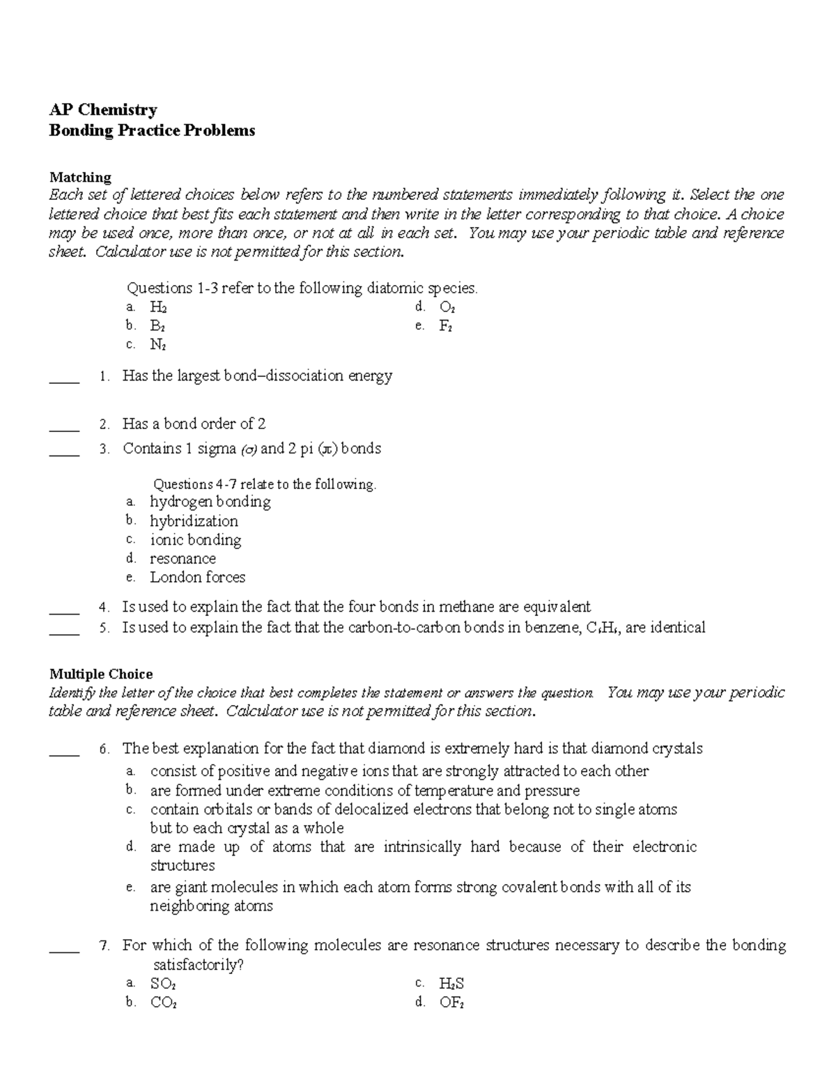 AP Chemistry Bonding Practice Problems 2020 - Studocu