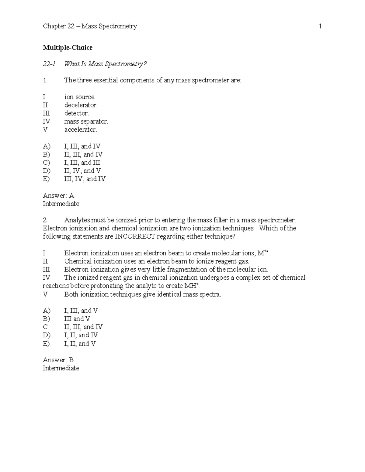 Chapter 22 Mass Spectrometry: Key Concepts and Practice Questions - Studocu