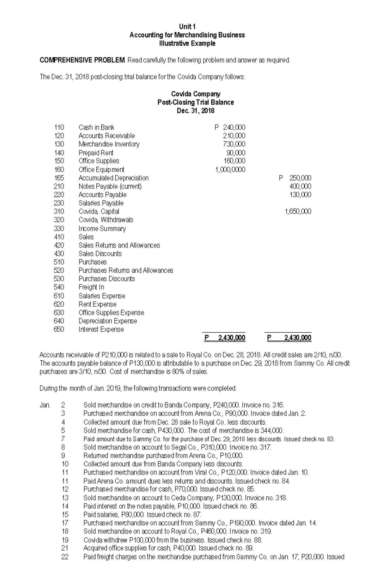 Accounting for Merchandising Business: Comprehensive Problem - ACCT 101 ...