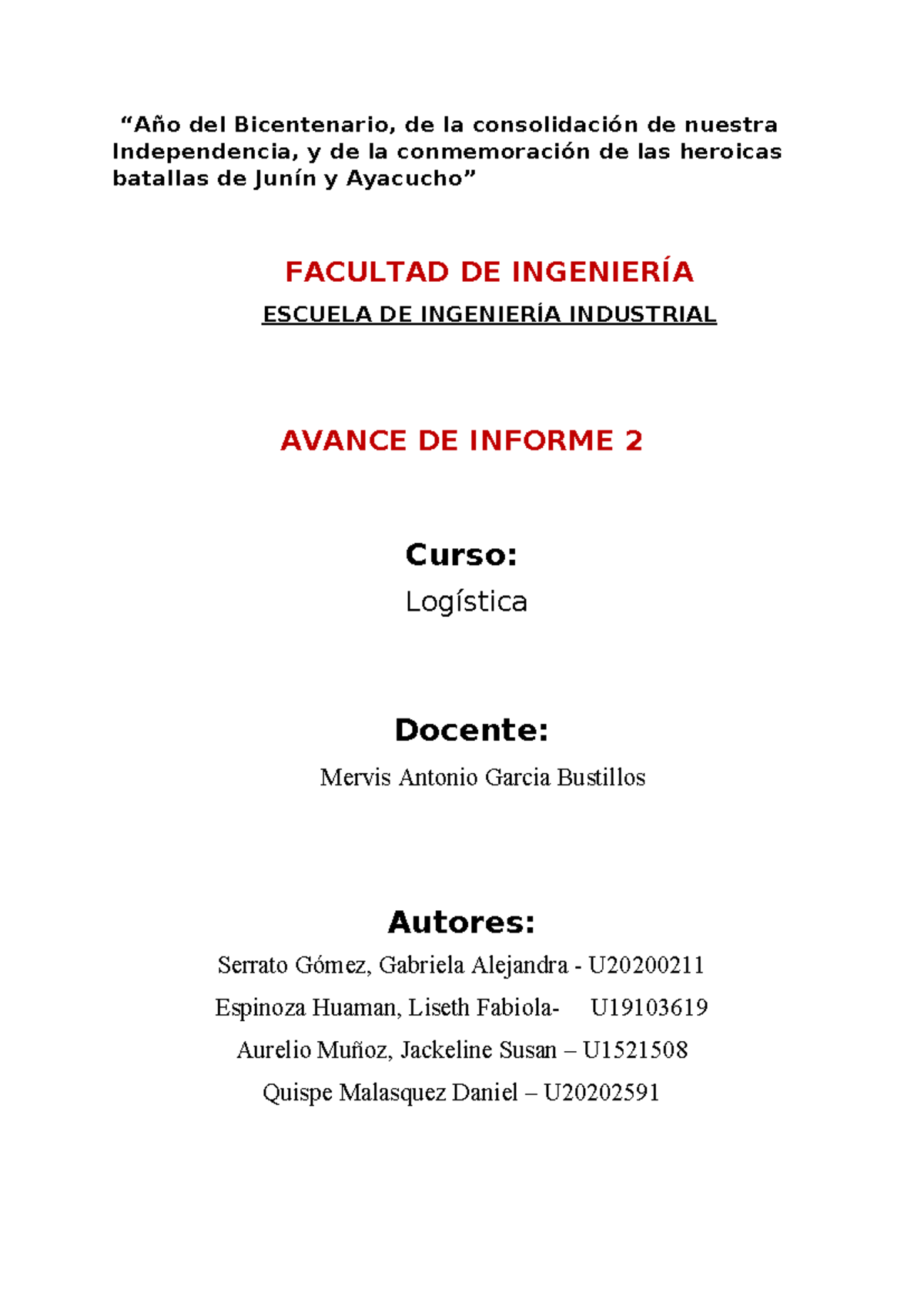 Avance 2: Informe de Logística - SEMAN PERÚ SAC (Curso: Logística ...
