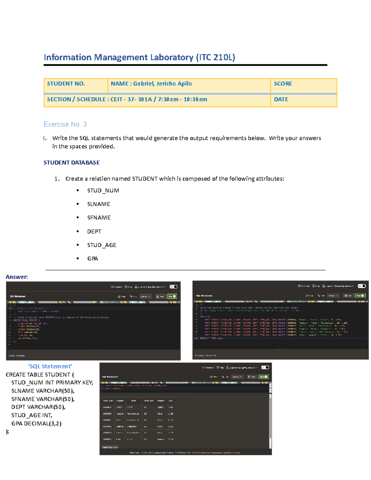 ITC 210L Final Lab Exercise No. 3: SQL Statements for Student Database - Studocu
