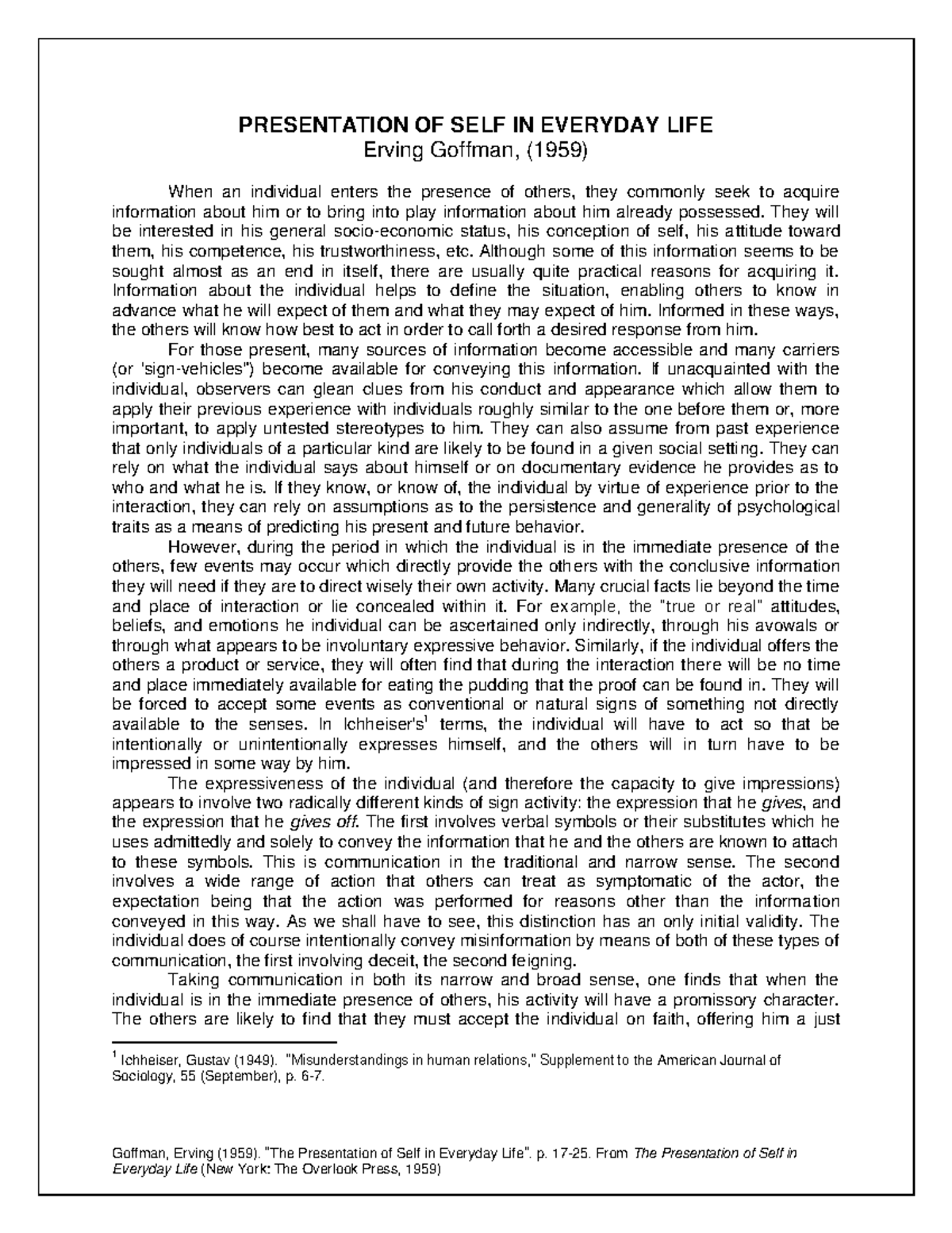 Goffman, E. (1959) - Presentation of Self in Everyday Life Analysis ...
