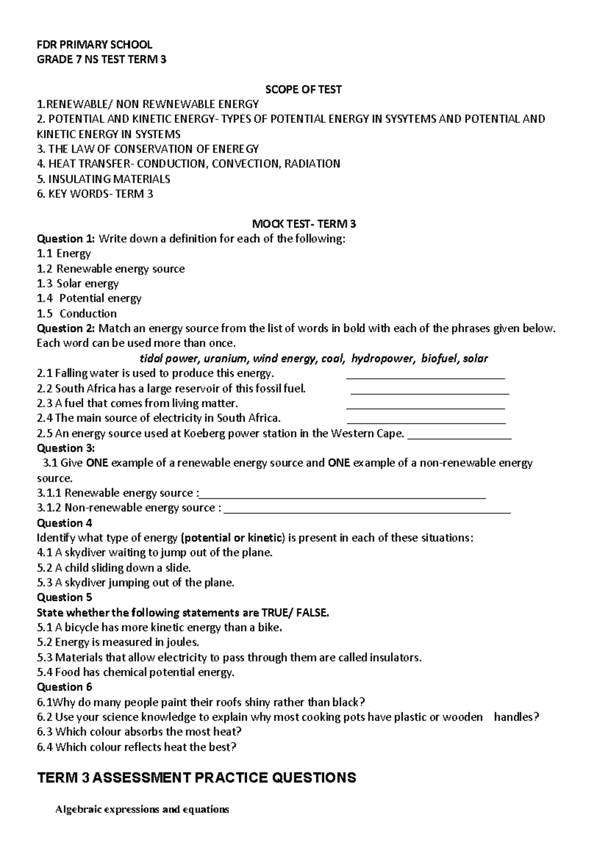NS Grade 7 Practice Work for End-Year Exams: Energy and Algebra Topics ...