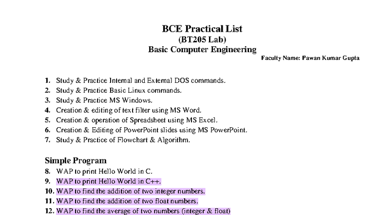 BCE Practical Lab Exercises (BT205) - Programming Tasks - Studocu