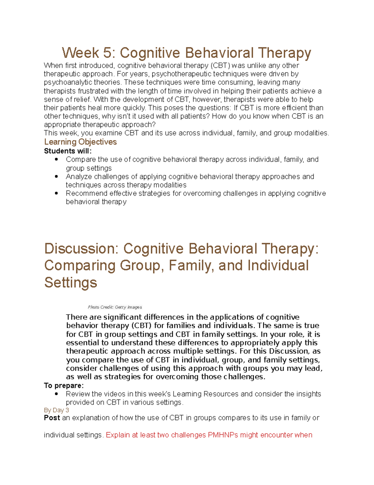Cognitive Behavioral Therapy Discussion Insights NRNP6645 - Week 5 ...