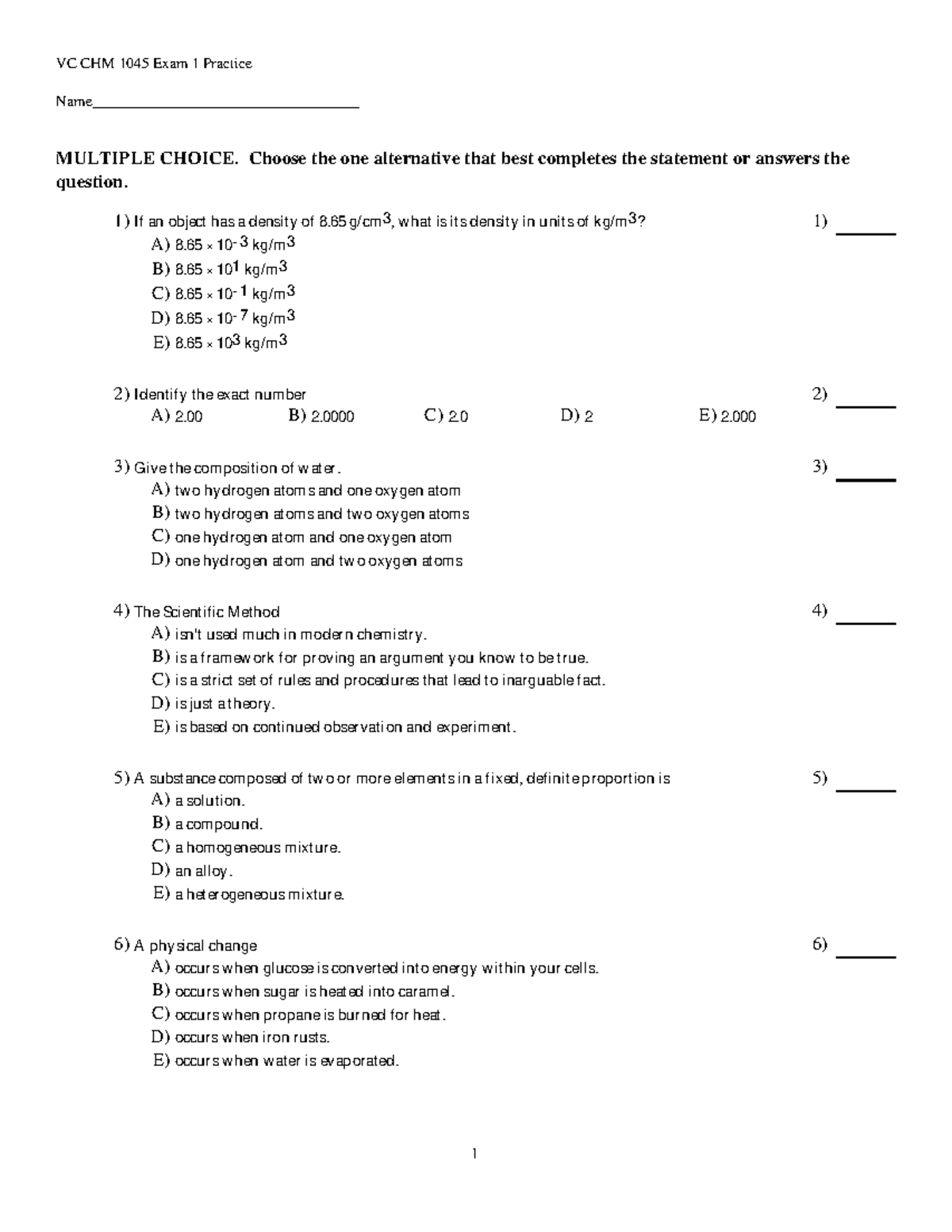 UCF CHM 1045 Exam 1 Practice Questions & Answer Key - Studocu
