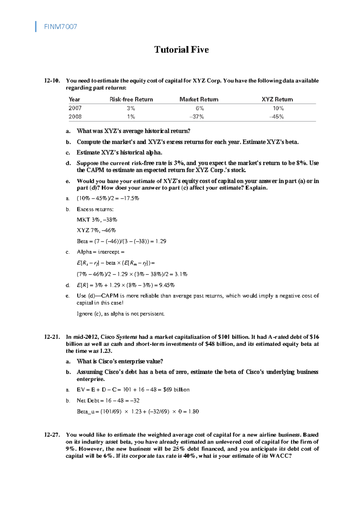 Tutorial 5 exercise for corporate financce - FINM Tutorial Five 12-10 ...
