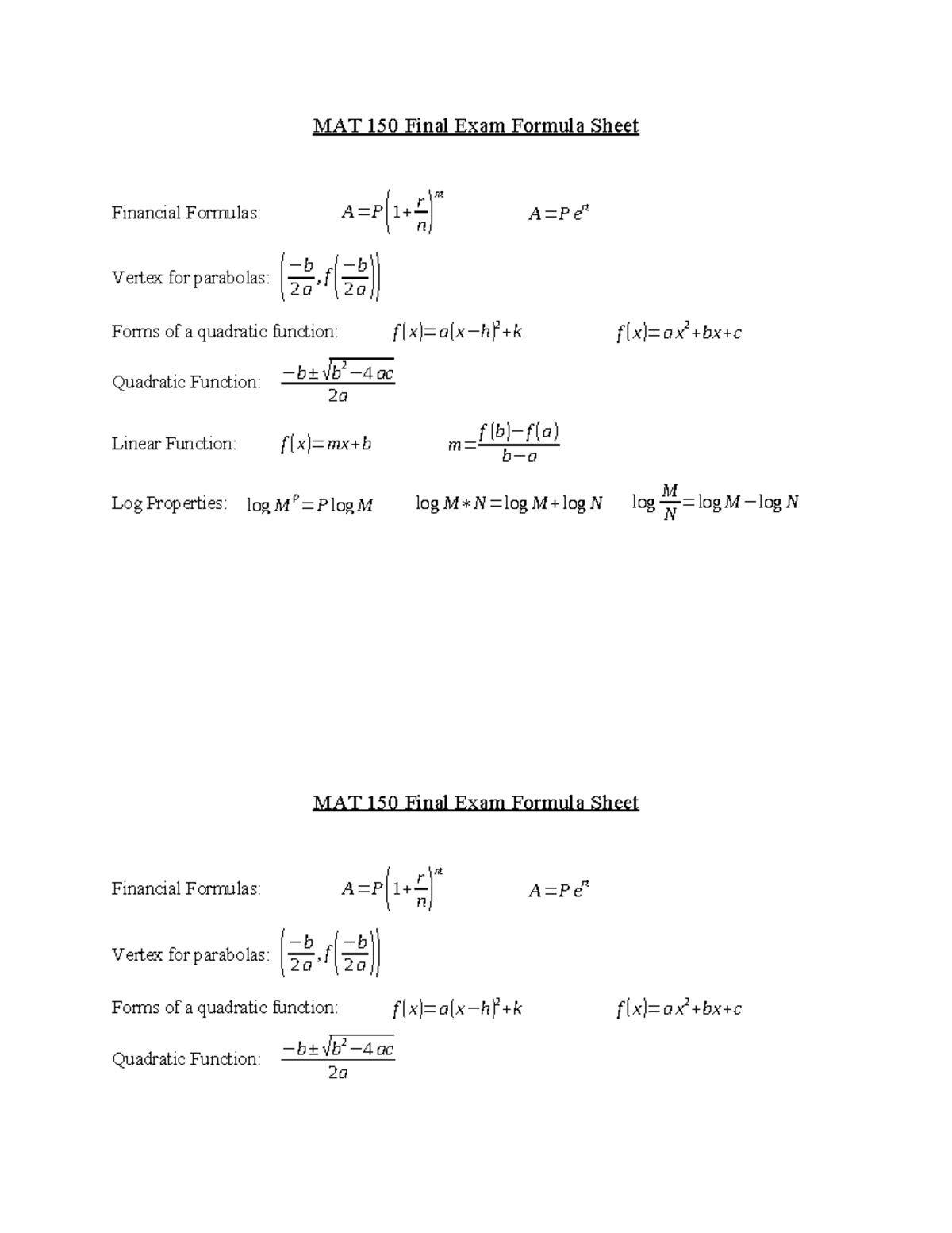 MAT150 Final Exam Essential Formula Sheet for Success - Studocu