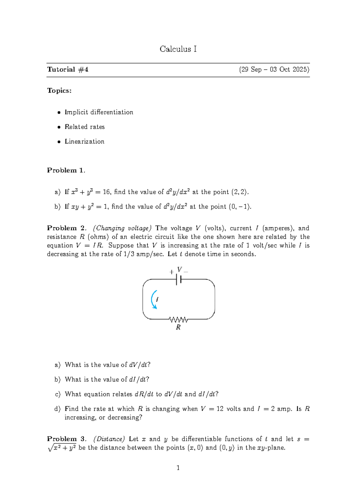 AY 2025-26 Calculus I - Tutorial #4: Implicit Differentiation & Related ...