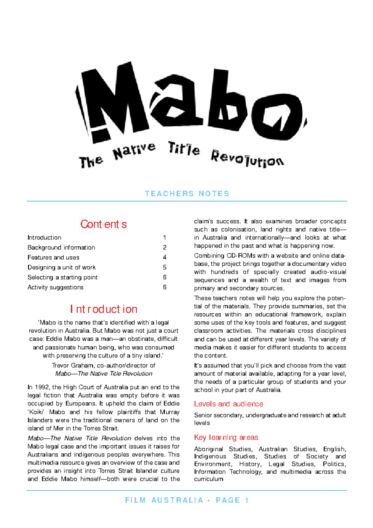 Mabo Teacher's note - Mabo TEacher's note - Cont ent s Introduction 1 Background information 2 ...
