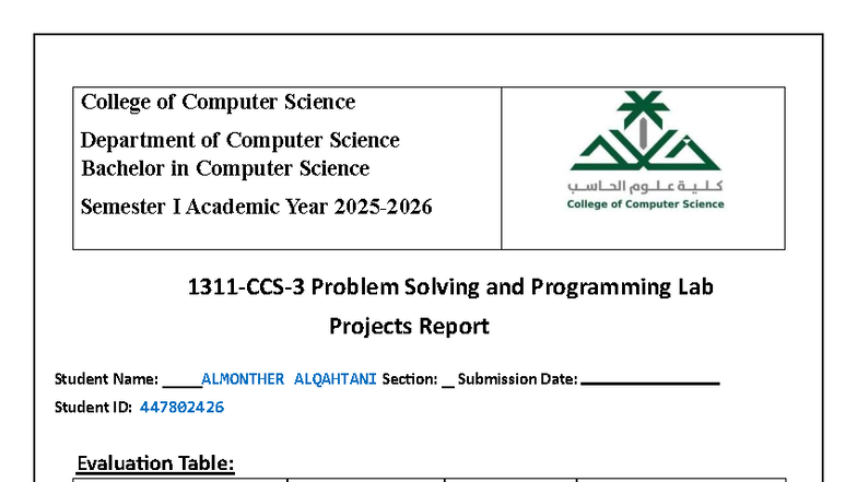 CS101: Problem Solving & Programming Lab Projects Report - Studocu