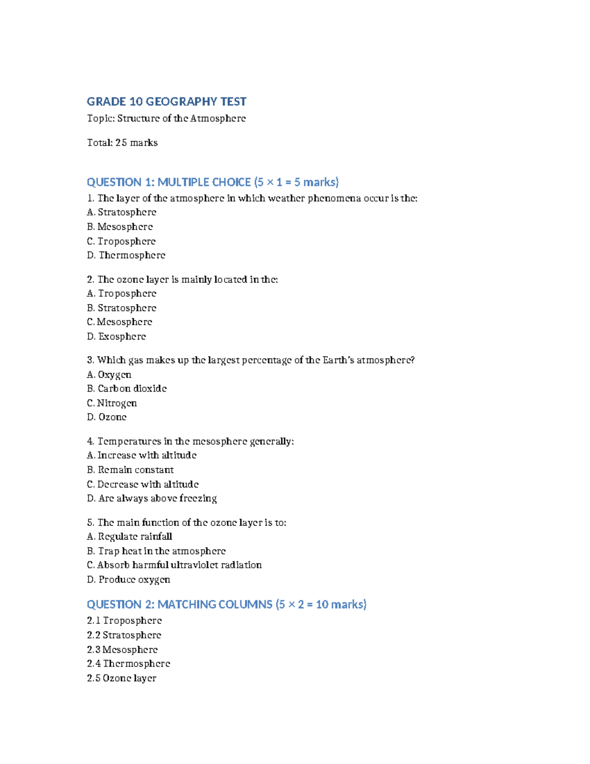 GRADE 10 GEOGRAPHY TEST: Structure of the Atmosphere (25 Marks) - Studocu