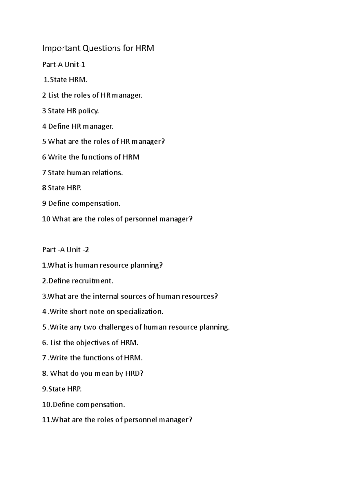 Important Questions for HRM: Key Concepts and Roles - Studocu