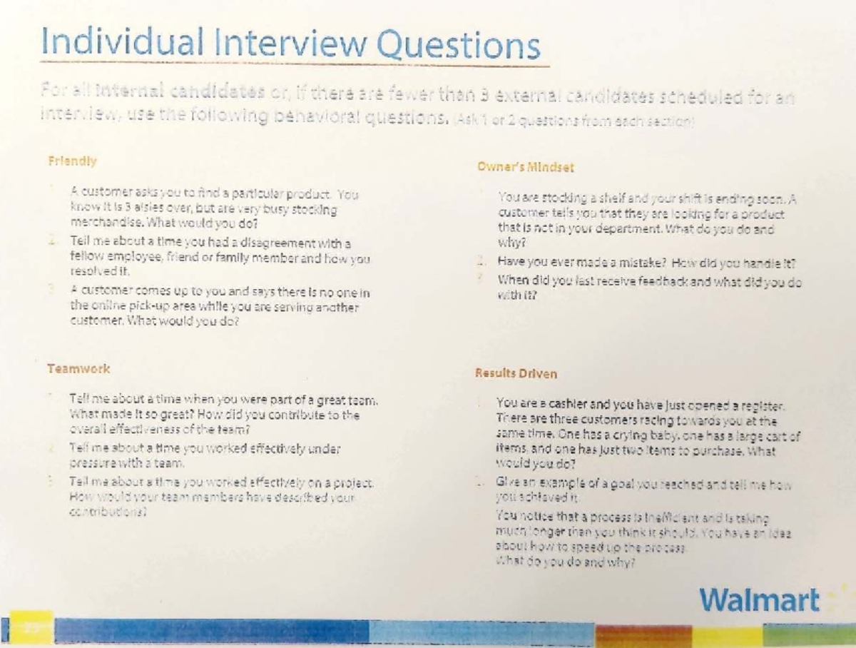 Walmart Interview Questions for Individual Candidates - Studocu