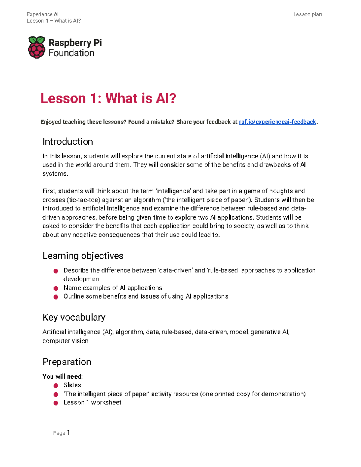 L1 AI Lesson Plan: Exploring Intelligence and AI Applications - Studocu