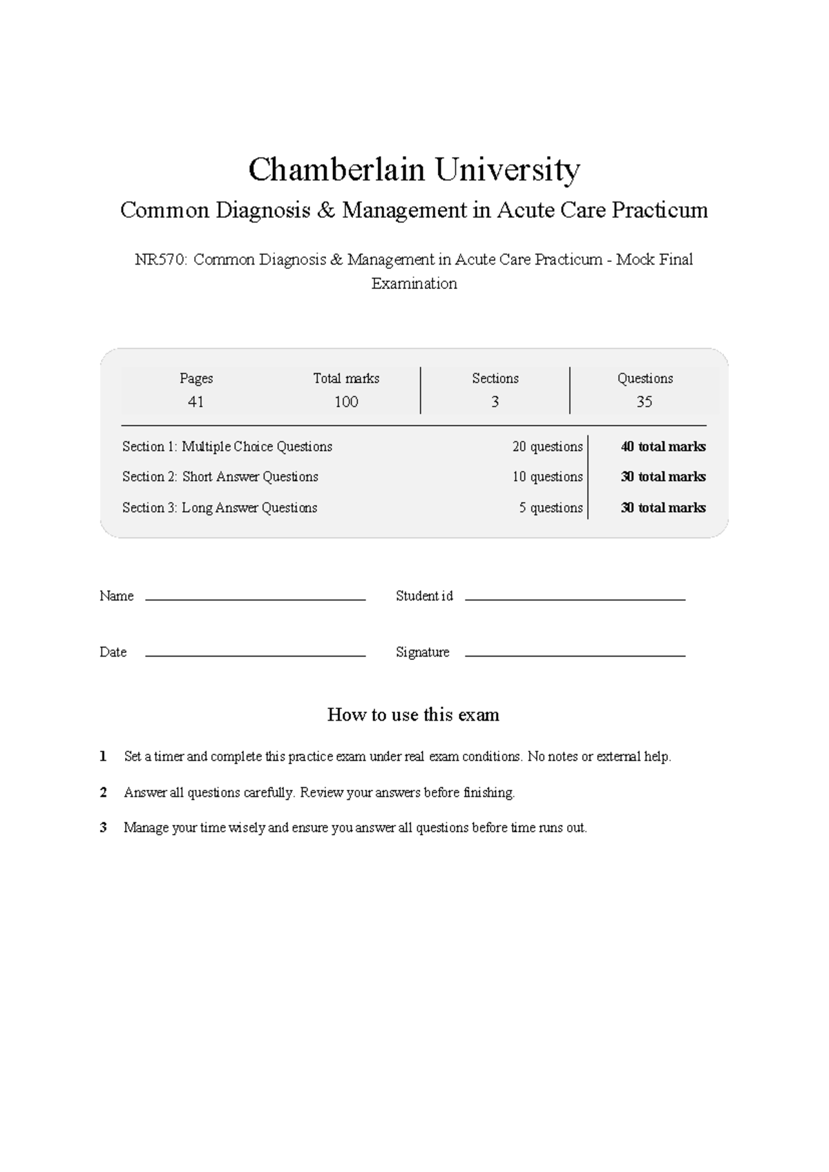 NR570 Common Diagnosis Management in Acute Care Practicum Mock Exam ...
