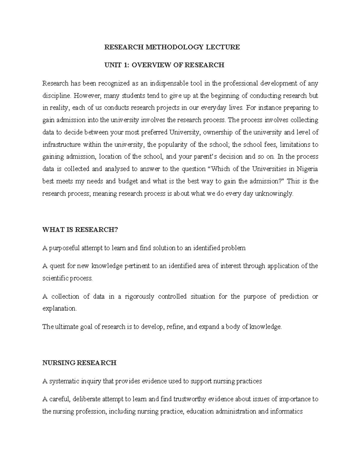 RESEARCH METHODOLOGY LECTURE UNIT 1: INTRODUCTION TO RESEARCH CONCEPTS ...