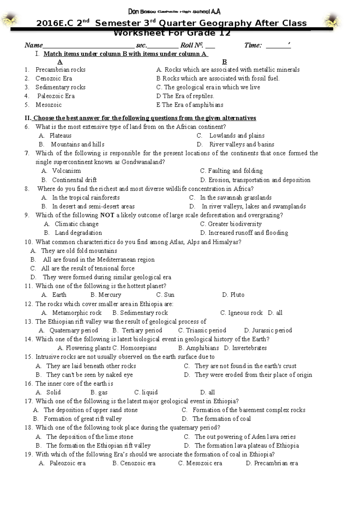 Geo G12 - Grade 12 Geography After Class Worksheet - Studocu