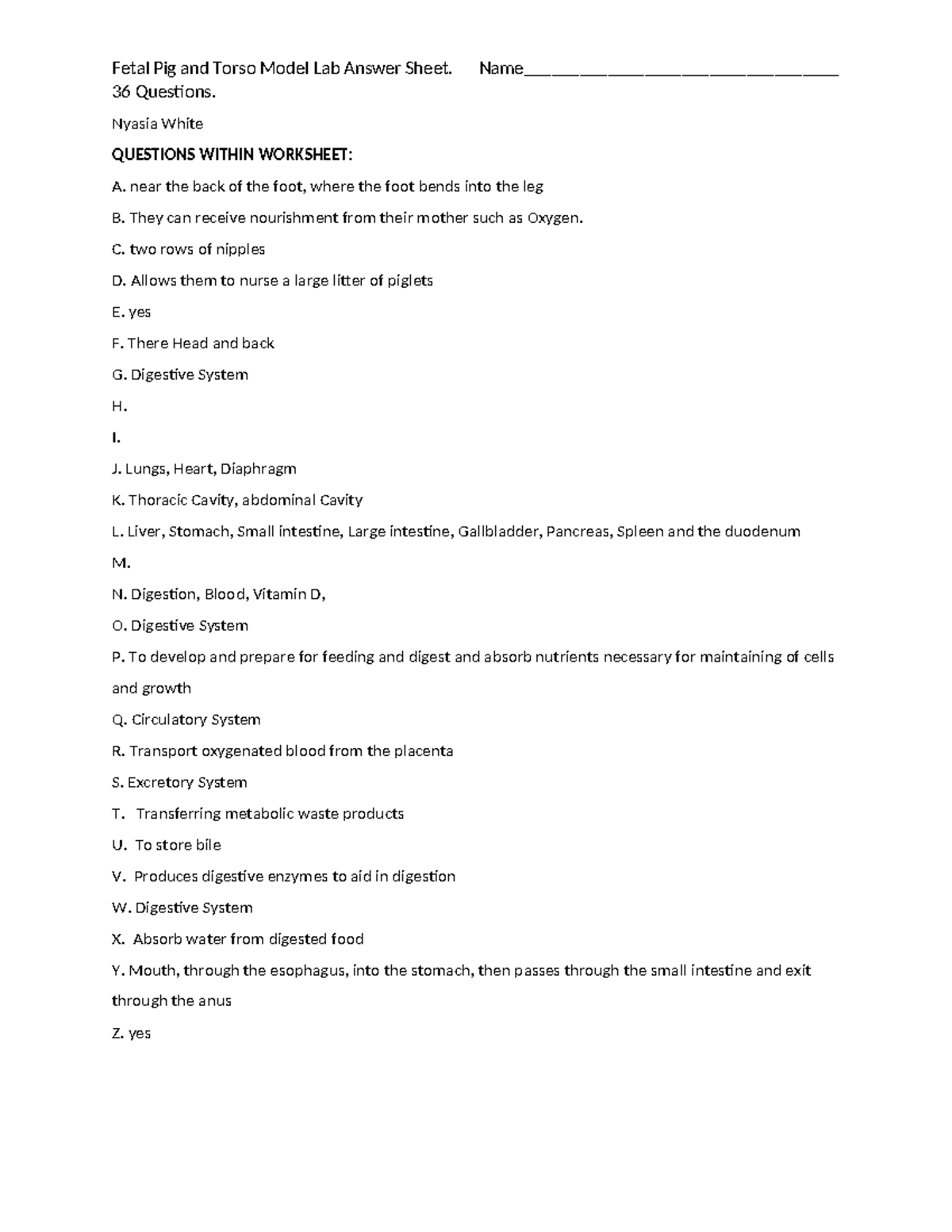 Fetal Pig & Torso Model Lab Answer Sheet (36 Qs) - Studocu